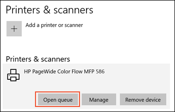 Example of Printers and scanners, clicking the printer, Open queue