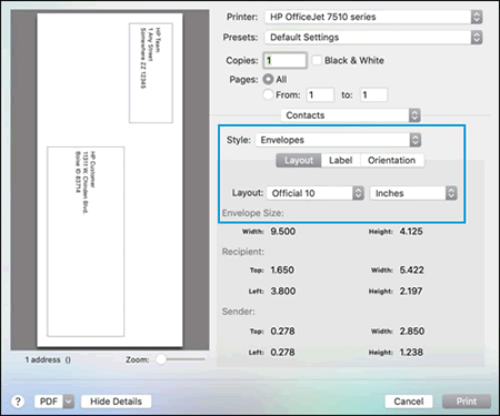 Envelope layout settings in Contacts app for Mac
