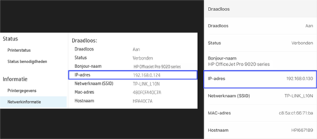 Het IP-adres van de printer in de HP Smart-app voor Windows
