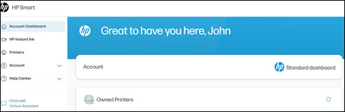 HP Smart account dashboard without an HP+ orange banner displaying