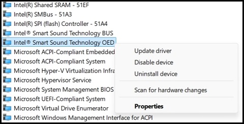 Haga clic derecho en Intel Smart Sound Technology OED y seleccione ...