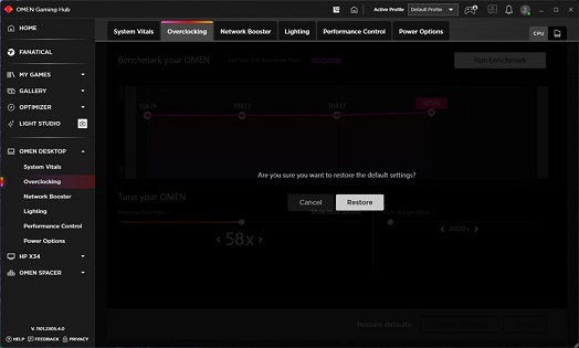 Restoring defaults in OMEN Overlocking