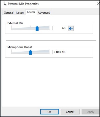 Nivåer-fanen i Egenskaper-vinduet for ekstern mikrofon