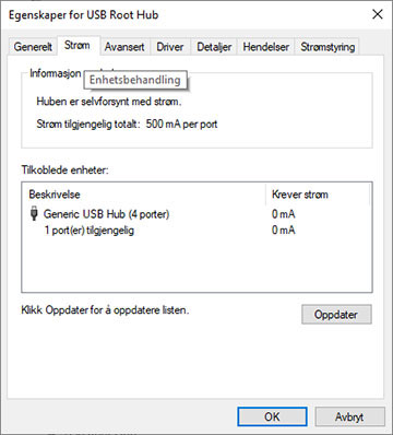 Vindu for strømegenskaper for USB Root Hub