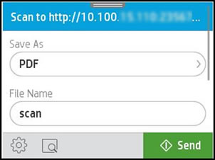 Printer control panel Scan Save As and File Name options