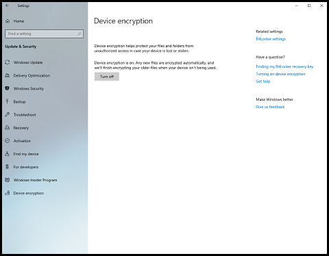 Device Encryption status is on